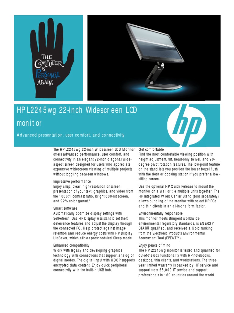 HP L2245wg 22-Inch Widescreen LCD Monitor Datasheet en | PDF | Thin ...