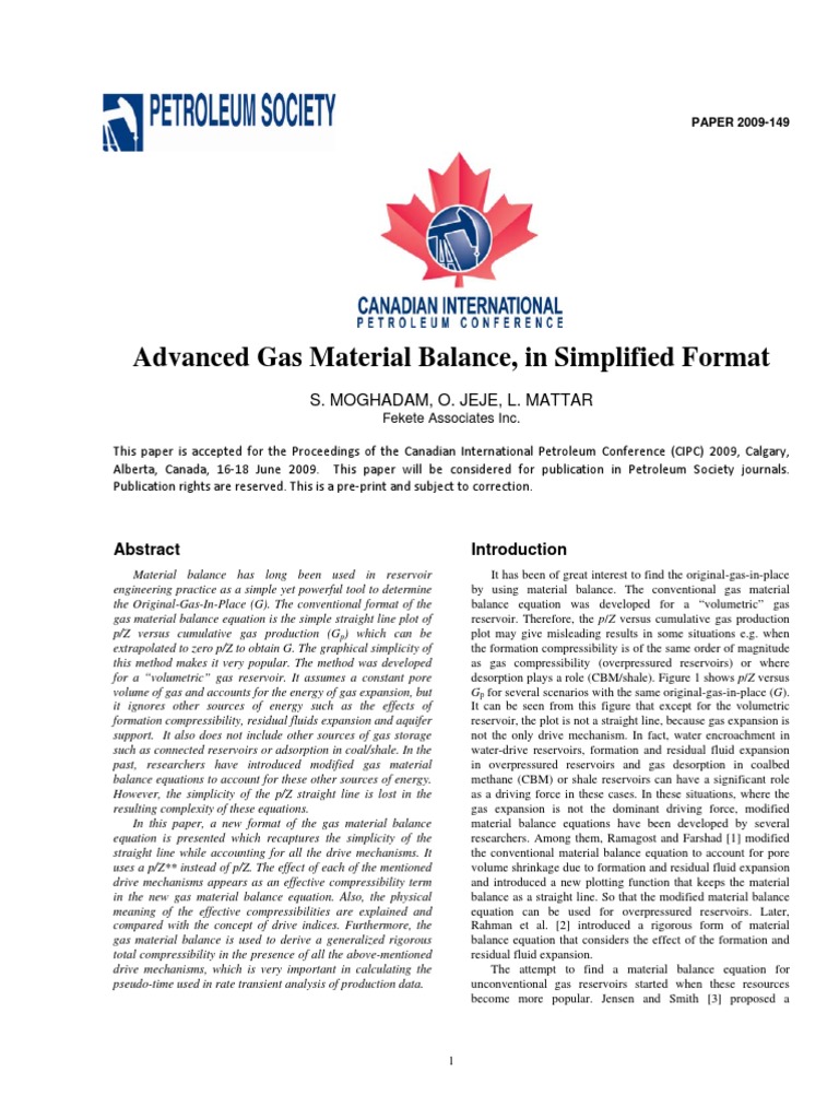 Advanced Gas Material Balance, in Simplified Format: S. Moghadam, O ...