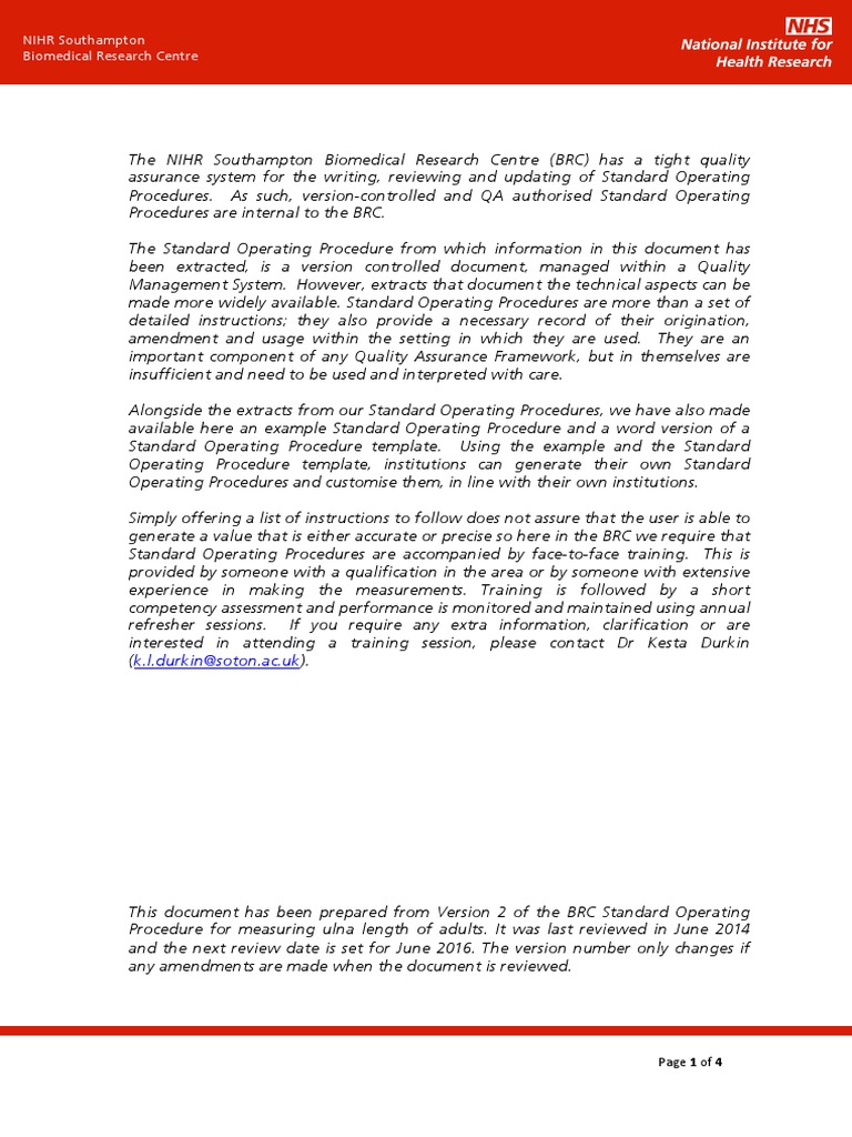 Procedure For Adult Ulna Length | PDF | Quality Assurance | Measurement