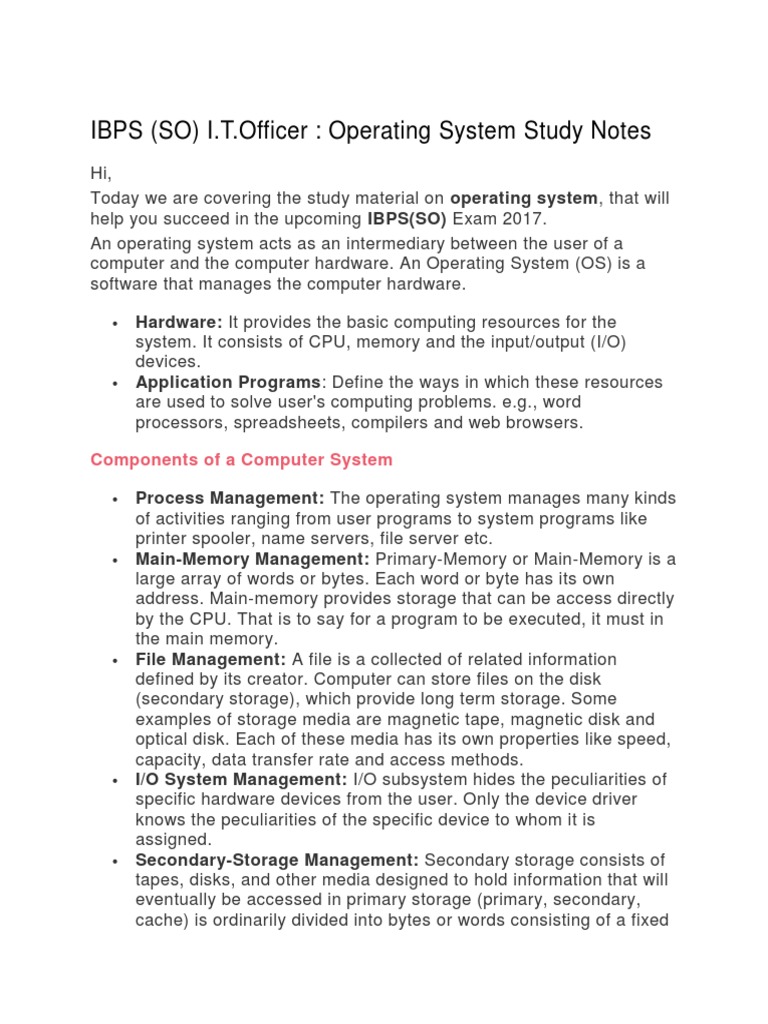 A Comprehensive Guide to Operating Systems and Processes for the IBPS(SO) Exam 2017 | PDF ...