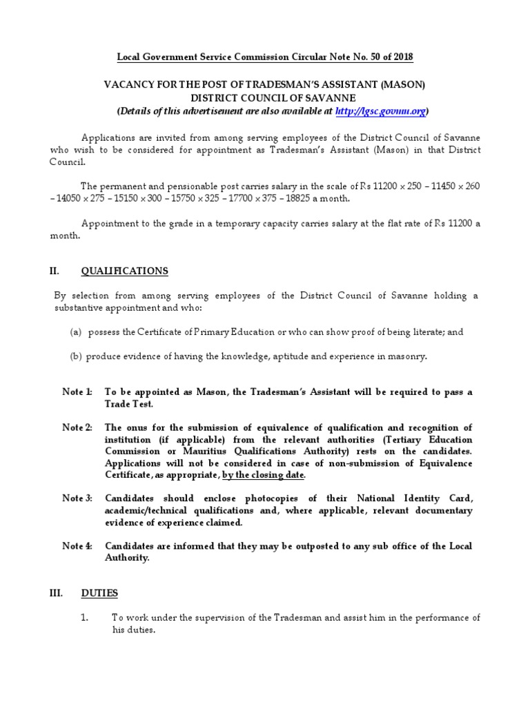 Tradesman's Assistant (Mason) DCS INT 02OCT18 | PDF | Government | Business