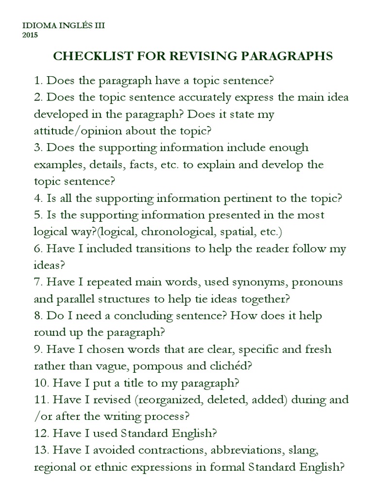 Checklist For Paragraphs | PDF