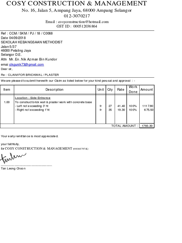 Claim Submission for Brickwork at SK Methodist | PDF | Finance & Money ...