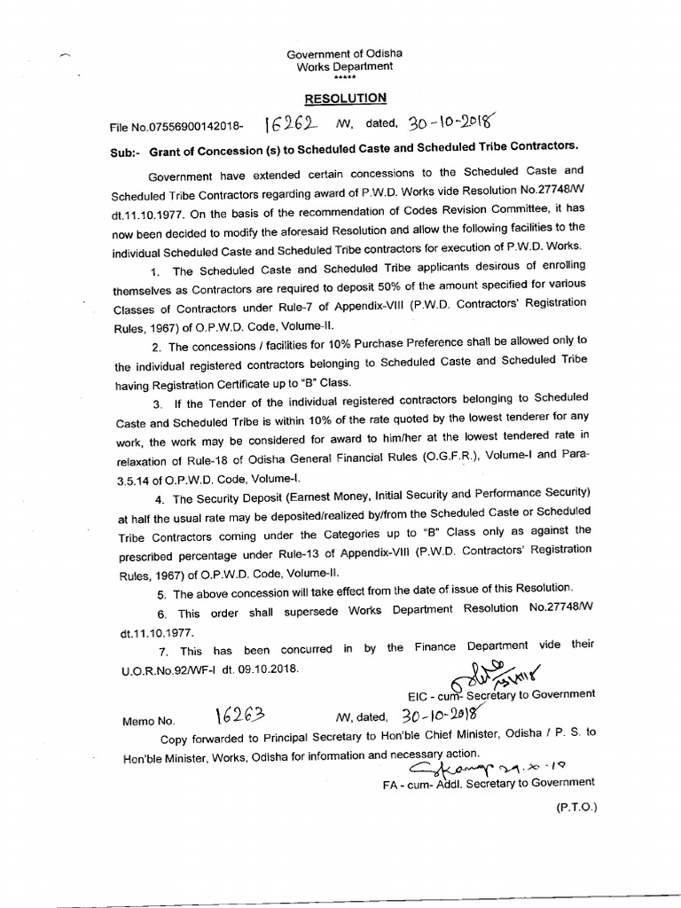 Odisha PWD Grant of Concession For SC ST Contractor 2018 | PDF ...
