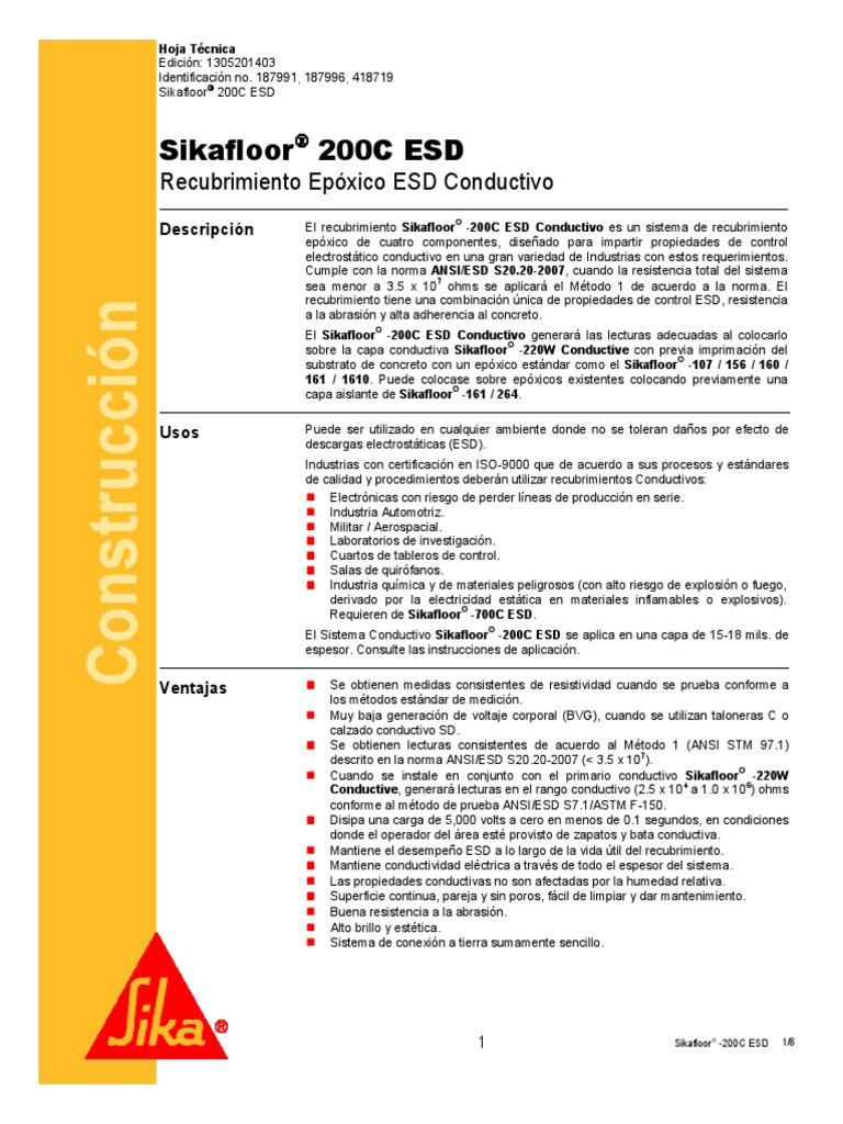 Recubrimiento Epoxico Esd Condustivo Sikafloor 200c Esd | PDF ...
