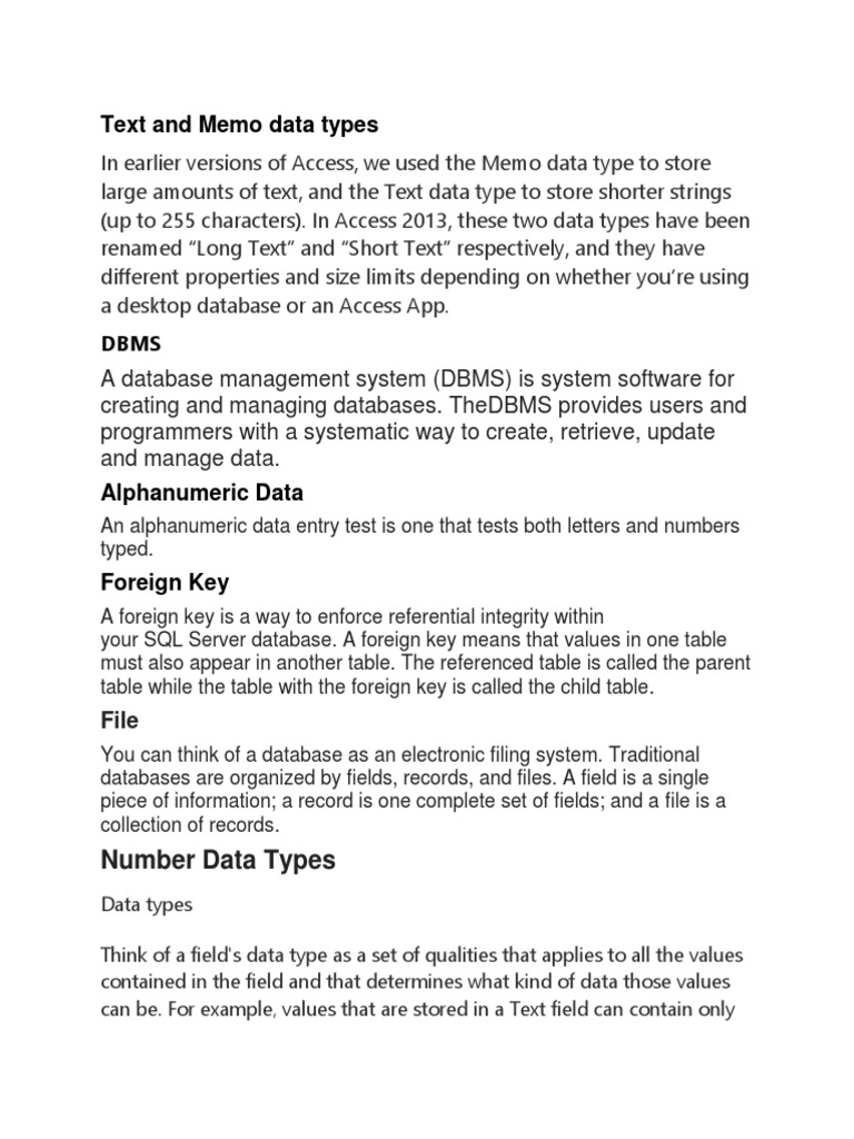 Text and Memo Data Types | Databases | Information Management