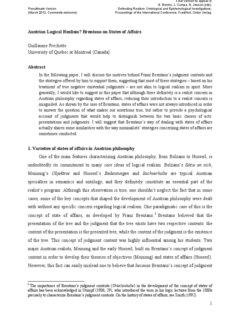 Austrian Logical Realism Brentano On Sta | PDF | Existence | Philosophy