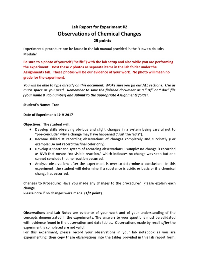 Observations of Chemical Changes: Lab Report For Experiment #2 25 ...