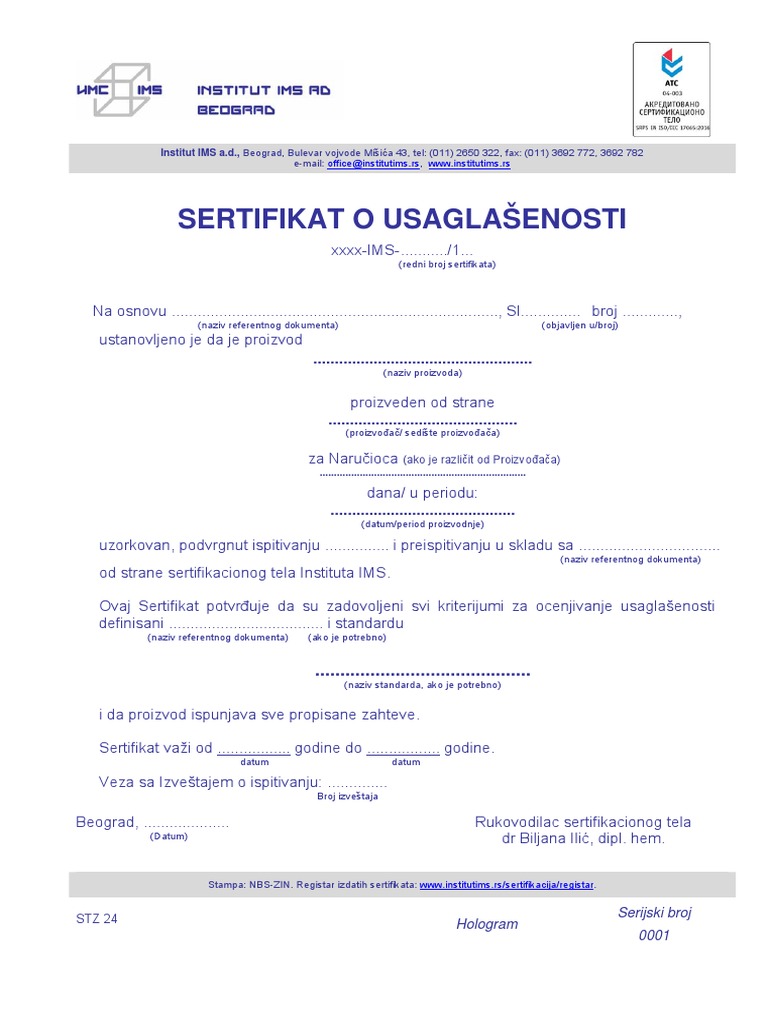 STZ 24 Sertifikat o Usaglasenosti | PDF