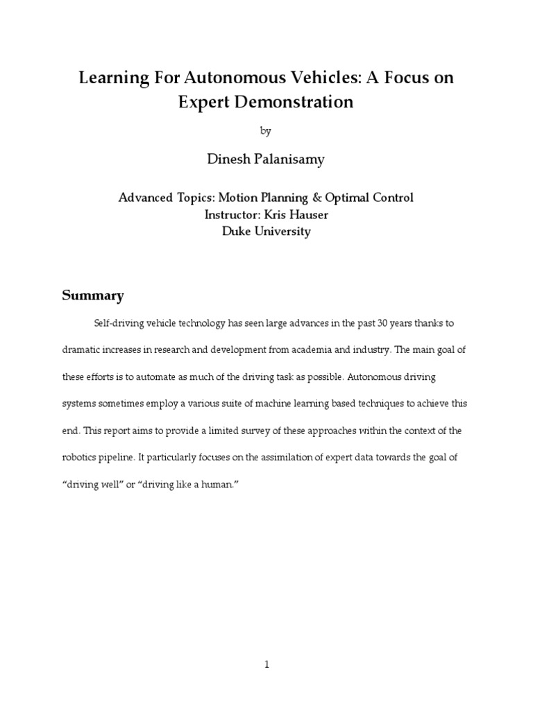 Learning For Autonomous Vehicles: A Focus On Expert Demonstration | PDF | Autonomous Car ...