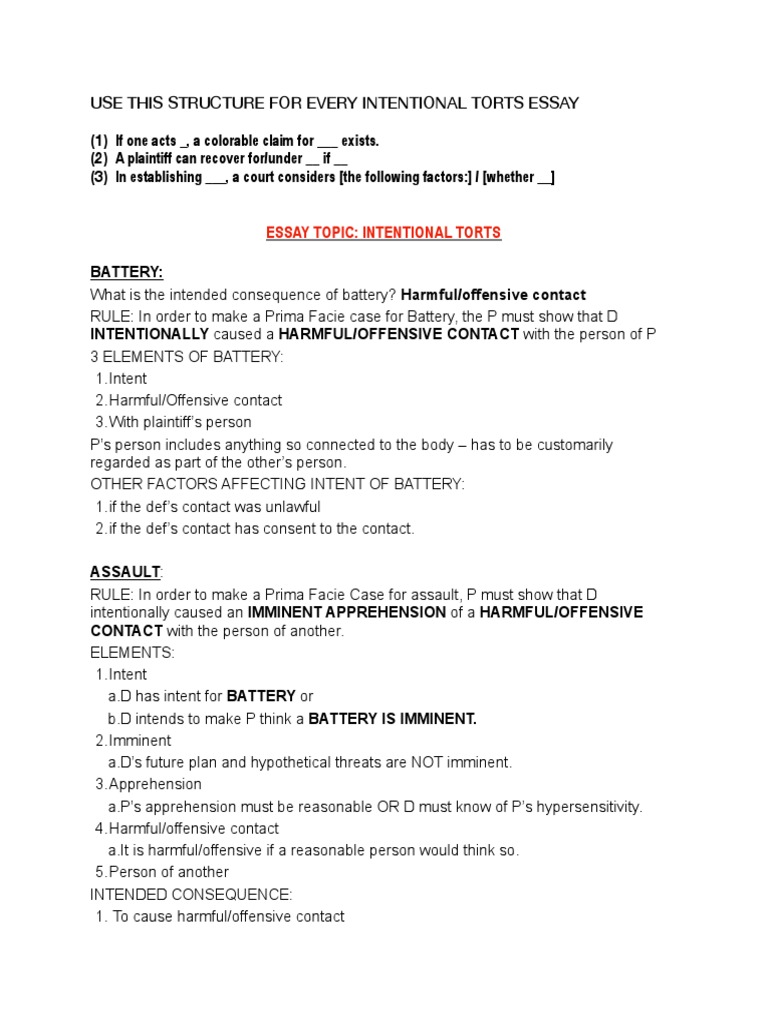 Intentional Torts: Key Elements Explained | PDF | Trespass | Battery ...