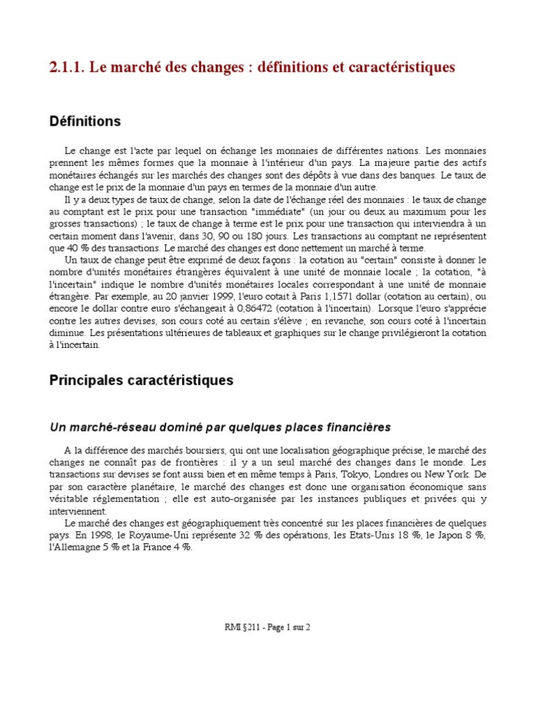 Le Marché de Change Definition Et Caracteristiques | PDF | Forex | Taux ...
