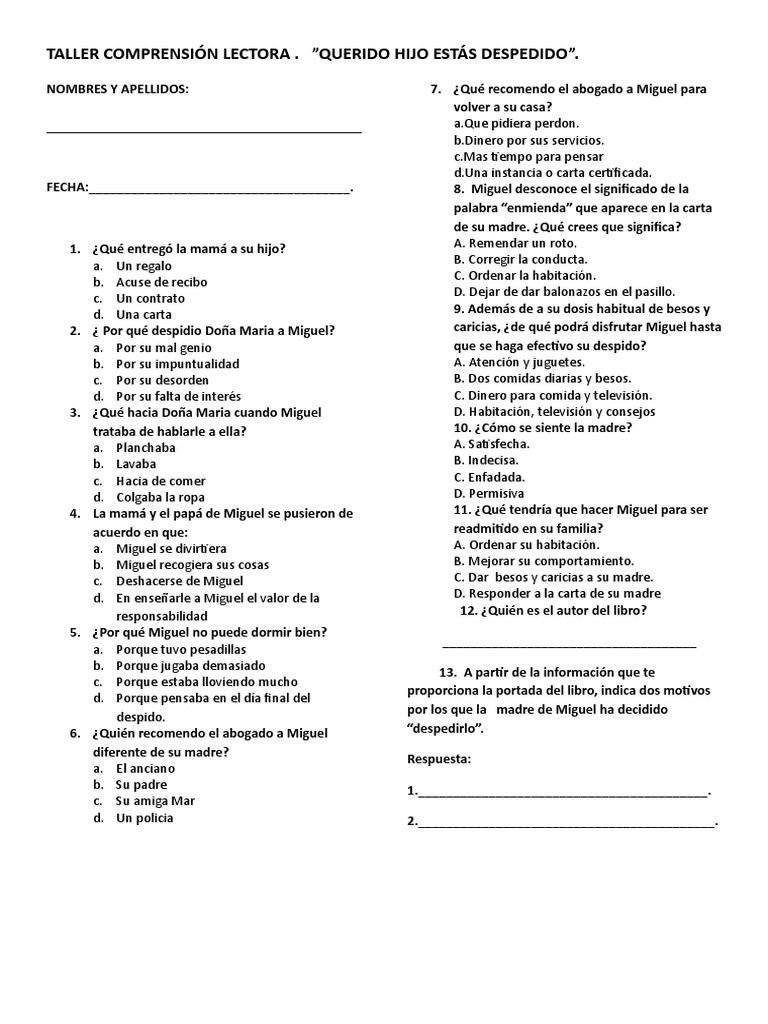 Taller . Querido Hijo Estas Despedido