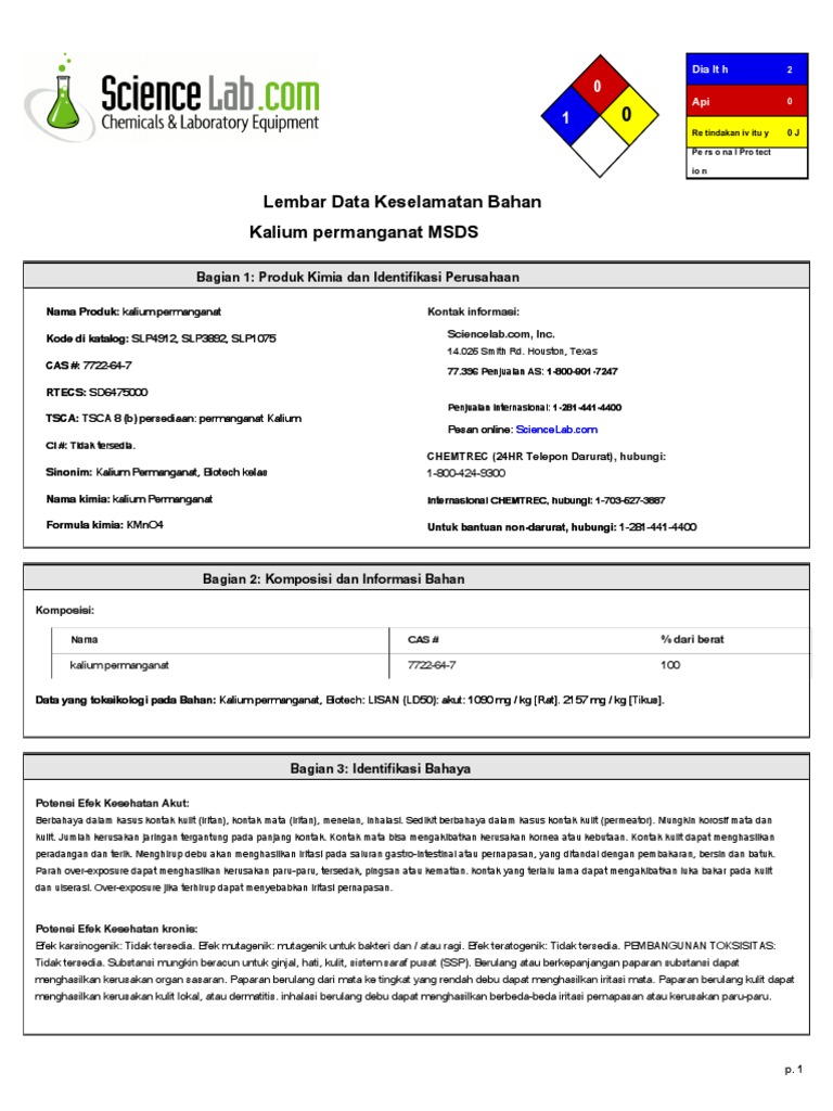 Msds KMnO4 PDF Toxicity Dangerous Goods