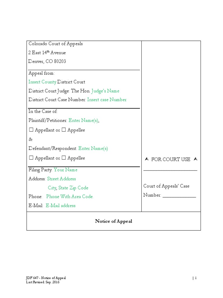 Notice of Appeal Blank Form | PDF | Appeal | Courts