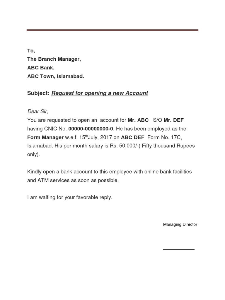 Bank Account Opening Letter From Organization | PDF