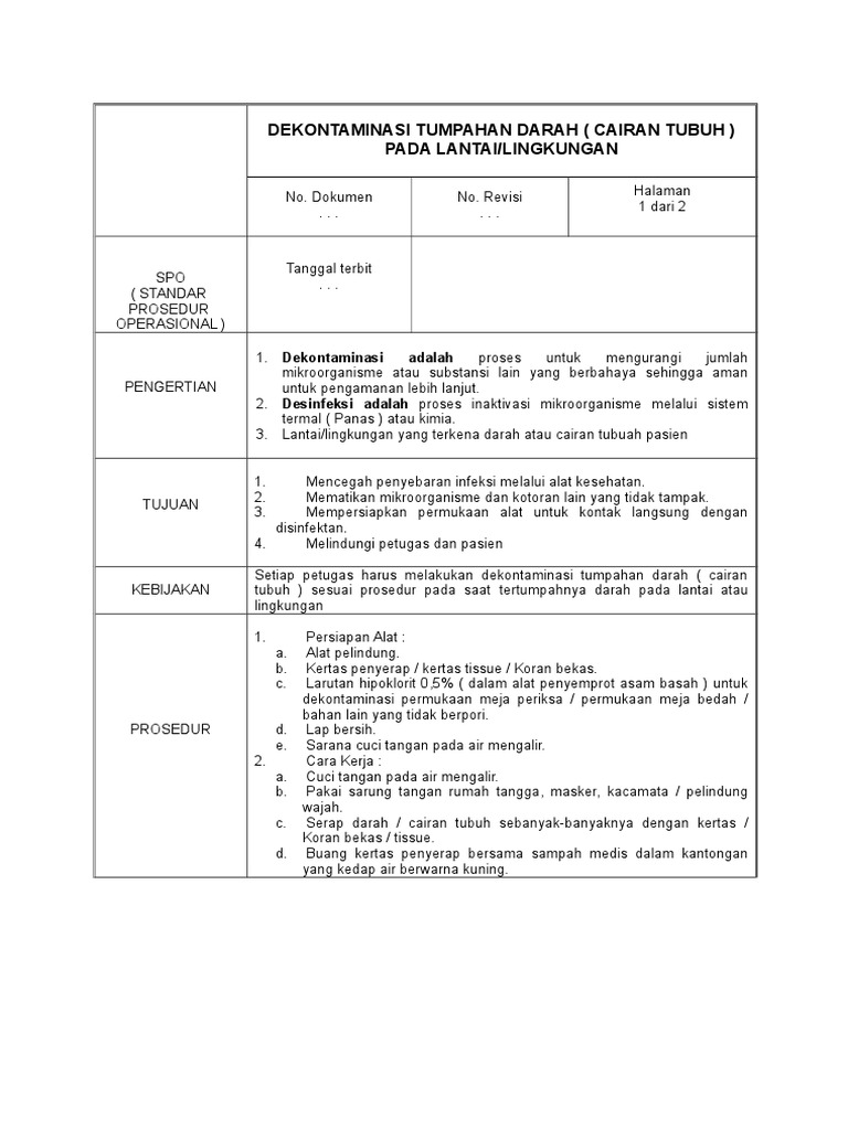 Spo Dekontaminasi Tumpahan Darah Pada Lantai | PDF | Pengembangan Diri | Sains & Matematika