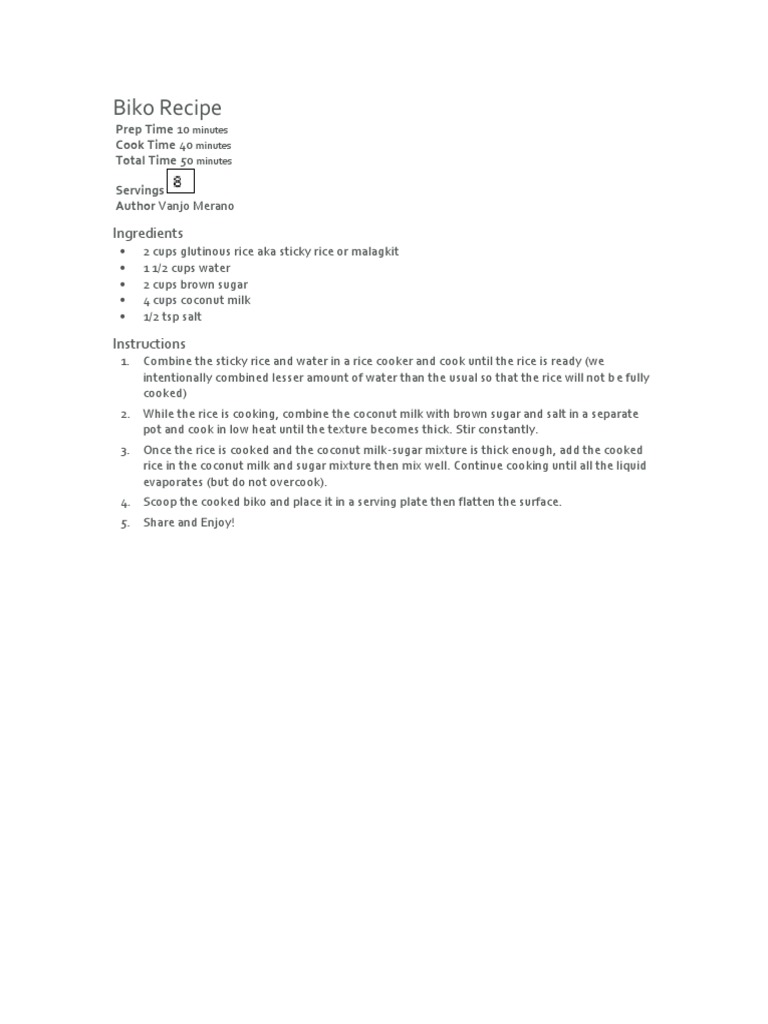 Biko Recipe: Ingredients | PDF