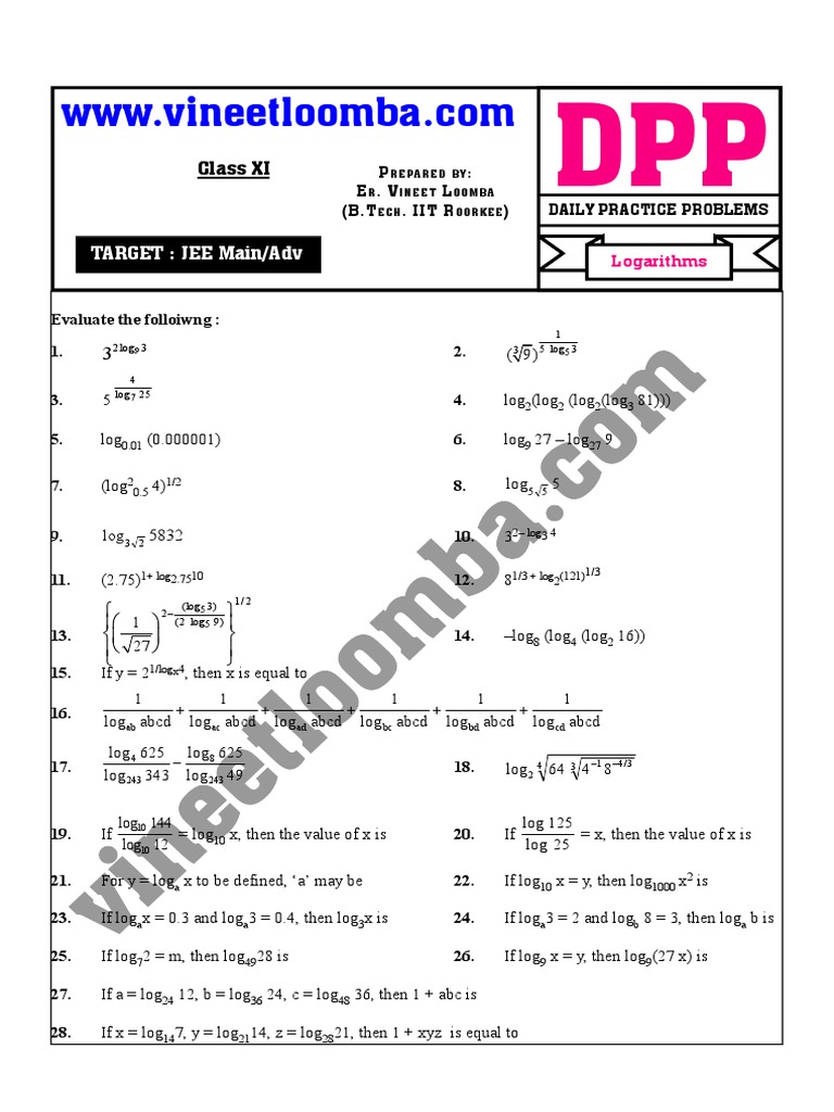 Class XI Daily Practice Problems on Logarithms | PDF | Special ...