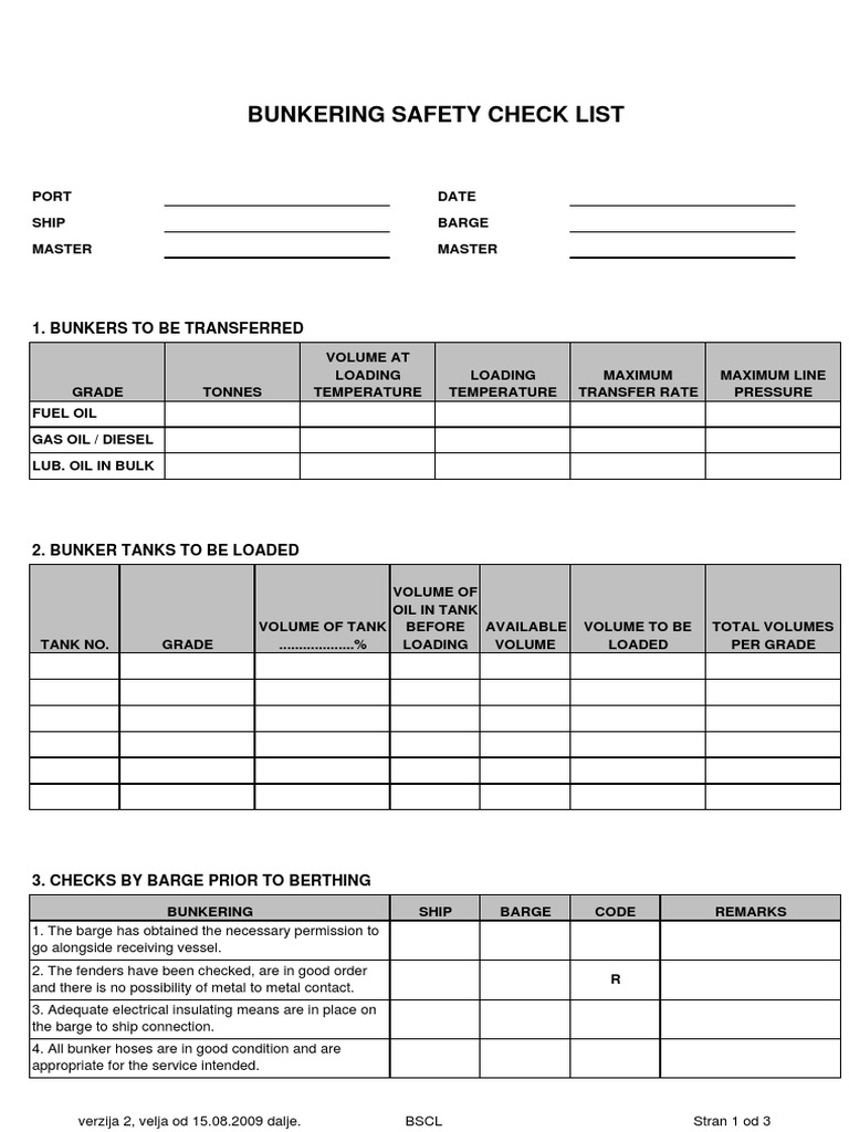 Bunker Ing Checklist | Fuel Oil | Ships