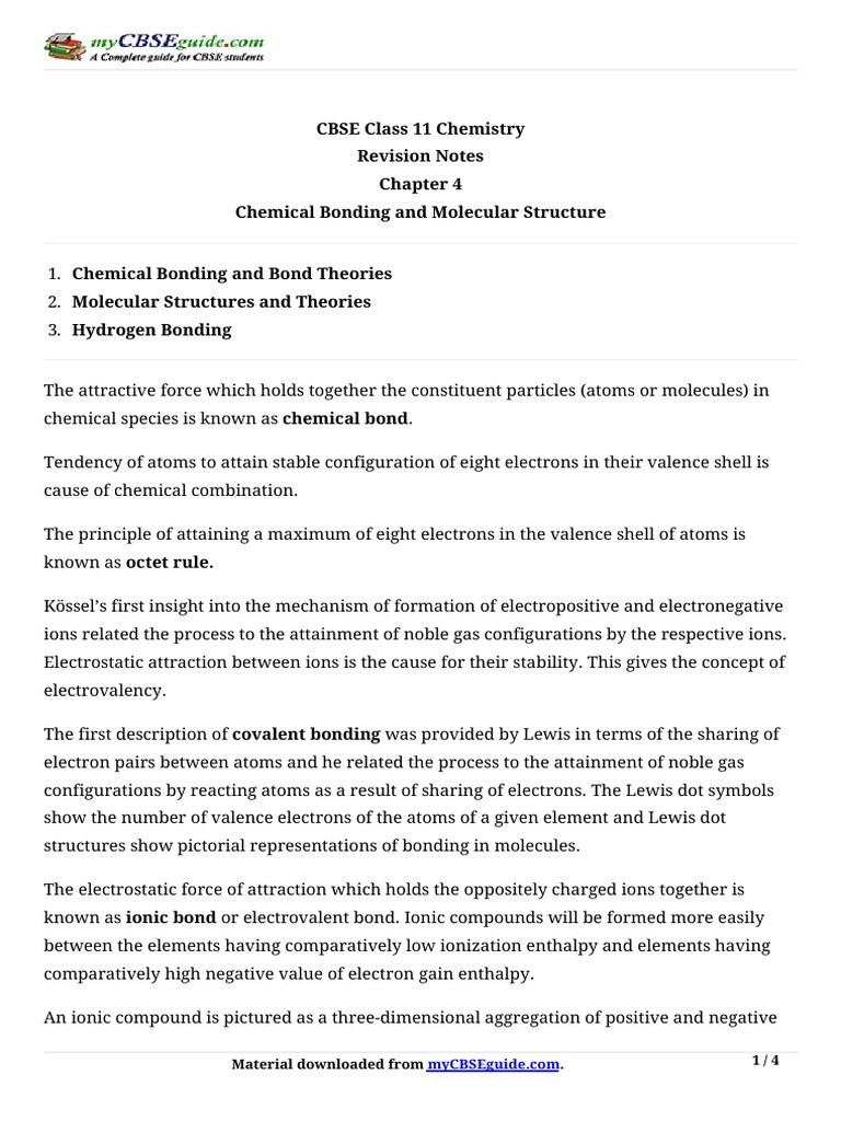 11 Chemistry Notes Ch04 Chemical Bonding and Molecular Structure | PDF ...