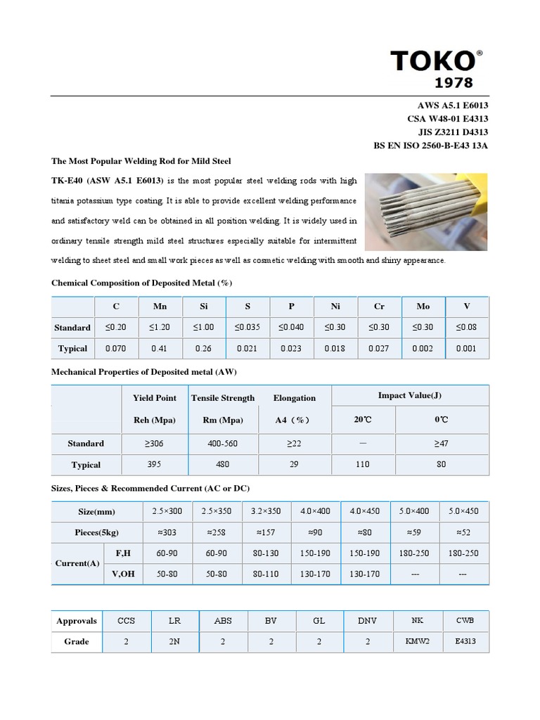 TOKO 1978 Electric Welding Rod Technical Data Sheet | PDF | Ultimate ...