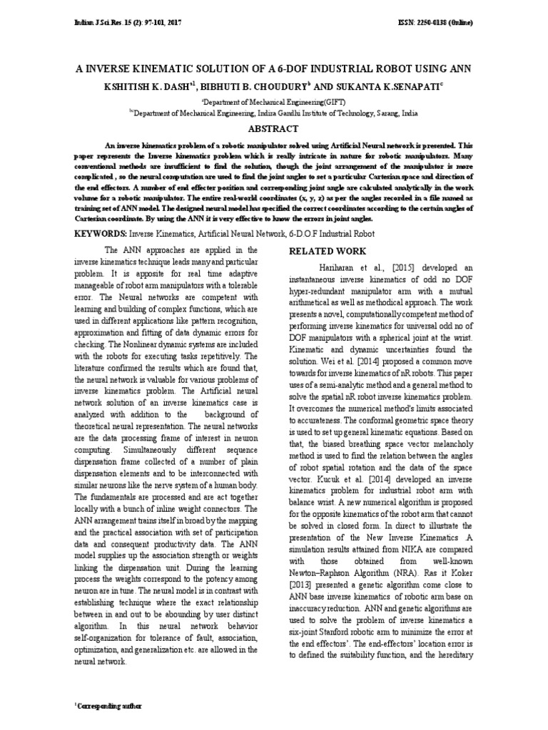 A Inverse Kinematic Solution Of A 6 Dof Industrial Robot Using Ann Pdf Visual Cortex