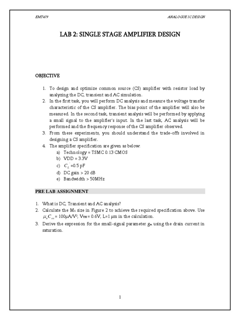 Lab 2: Single Stage Amplifier Design: EMT479 Analogue Ic Design | PDF ...
