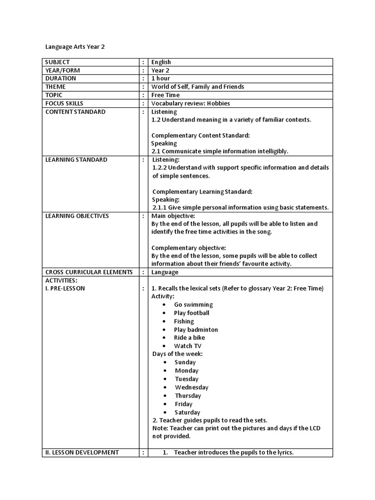 Listening Year 2 CEFR - Free Time | PDF | Lesson Plan | Teachers
