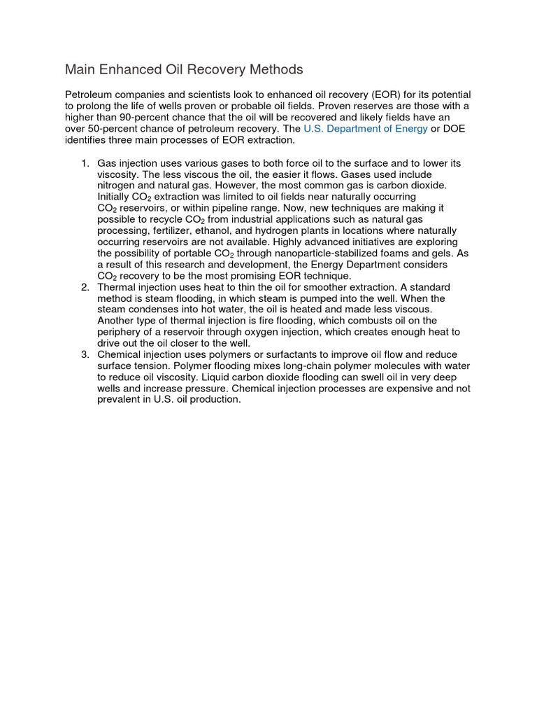 Main Enhanced Oil Recovery Methods: U.S. Department of Energy | PDF