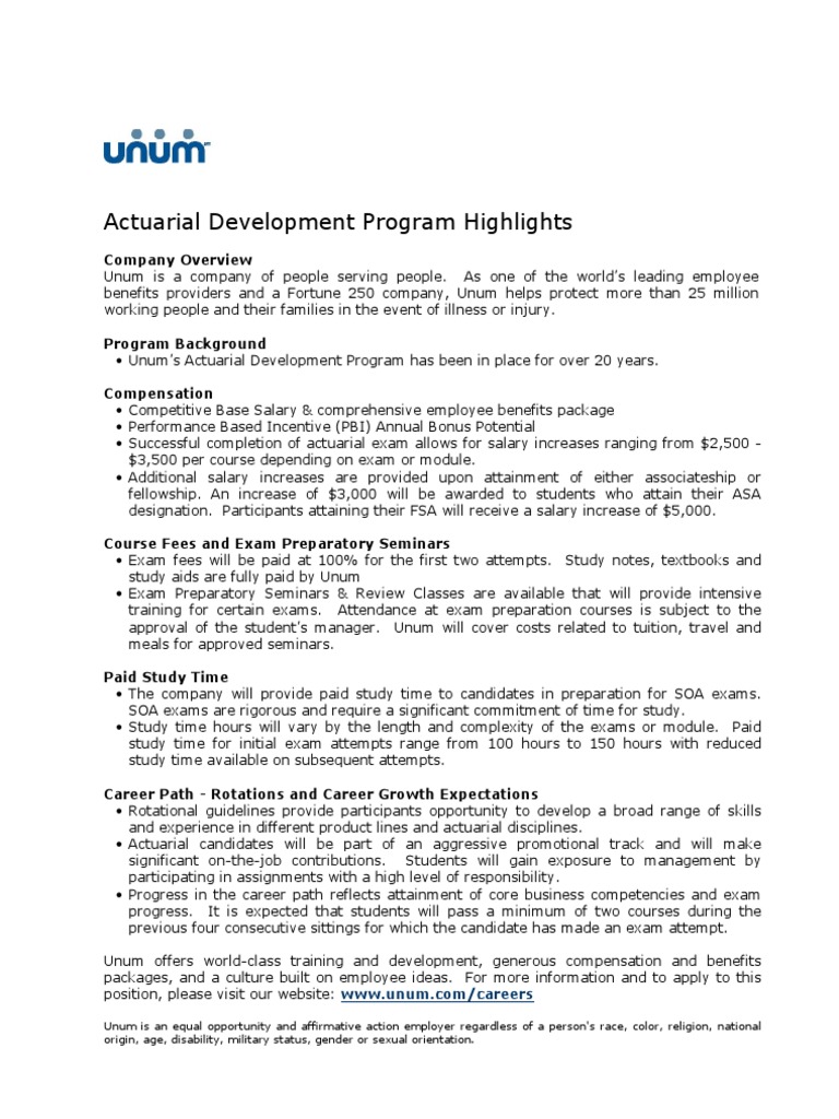 Unum Actuarial Development Program Highlights | PDF | Actuarial Science ...