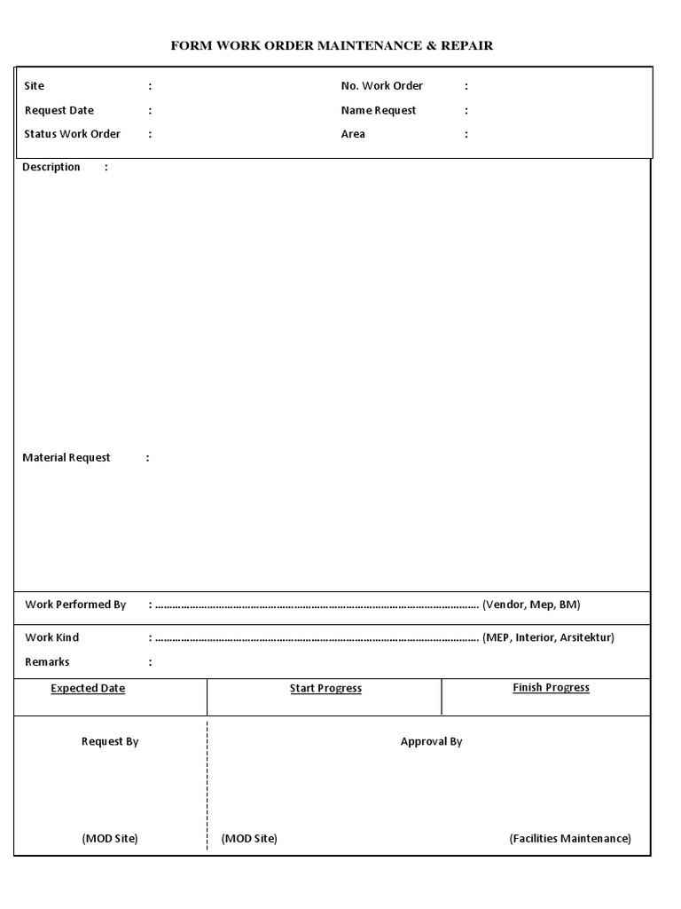 Form Work Order Maintenance | PDF