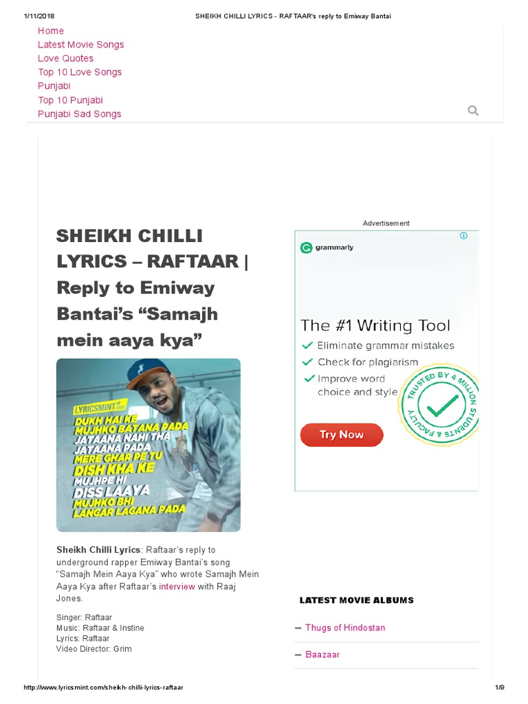 Sheikh Chilli Lyrics - Raftaar's Reply To Emiway Bantai | PDF