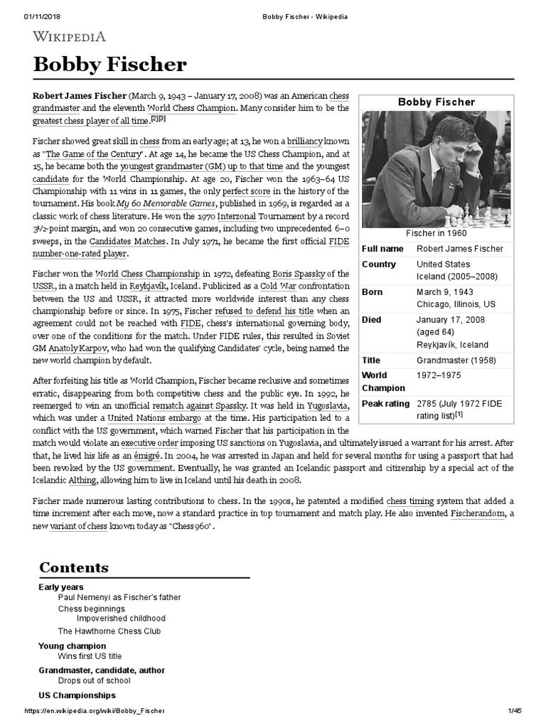 Bobby Fischer - Wikipedia | PDF | World Chess Championships | Chess ...
