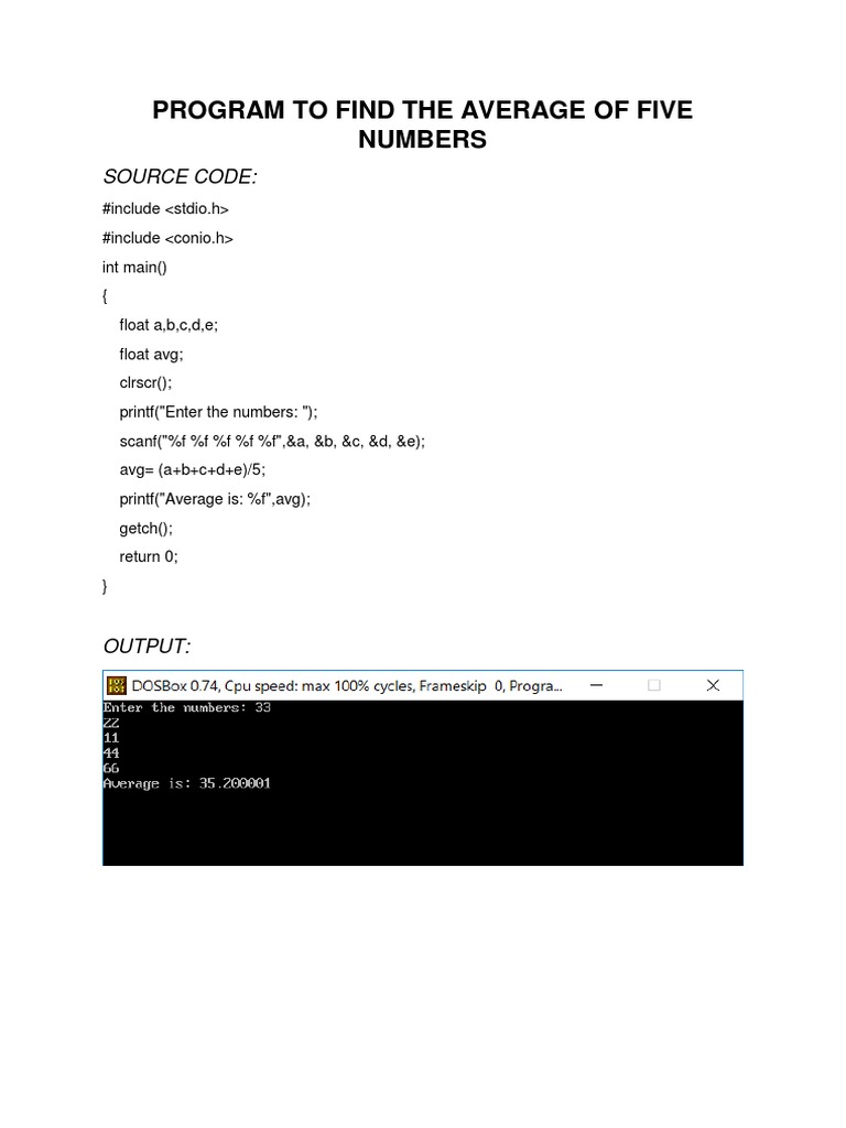 Program To Find The Average of Five Numbers: Source Code | PDF