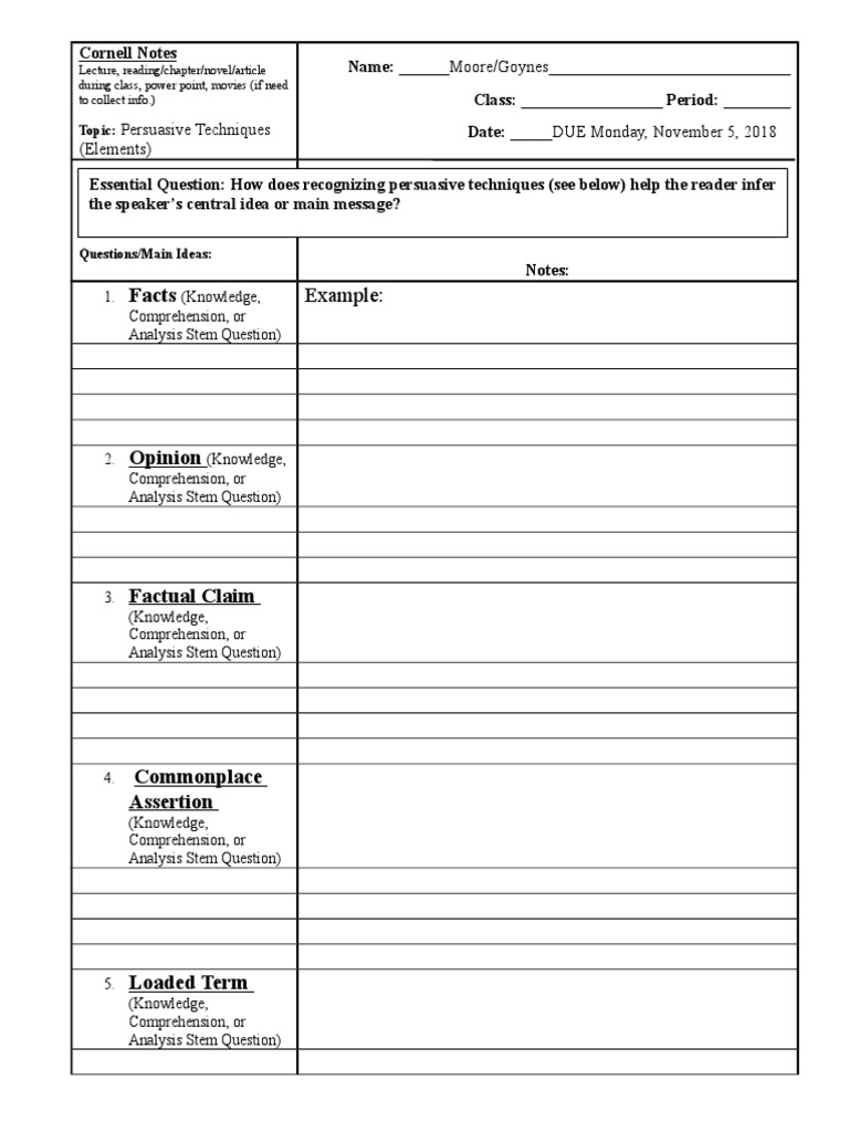 Persuasive Techniques Cornell Notes | PDF | Reading Comprehension ...