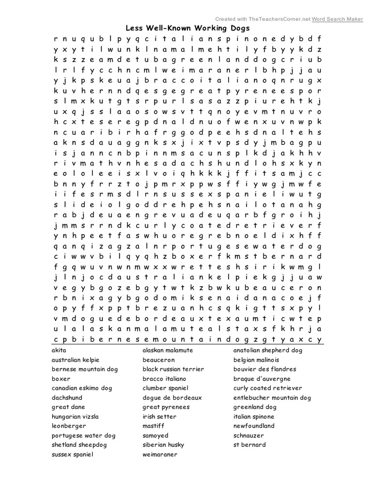 Working Dogs Wordsearch | PDF | Dog Types | Dogs As Pets
