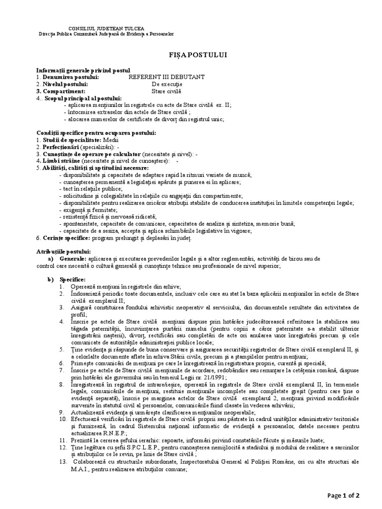 Fisa Postului - Referent Debutant | PDF
