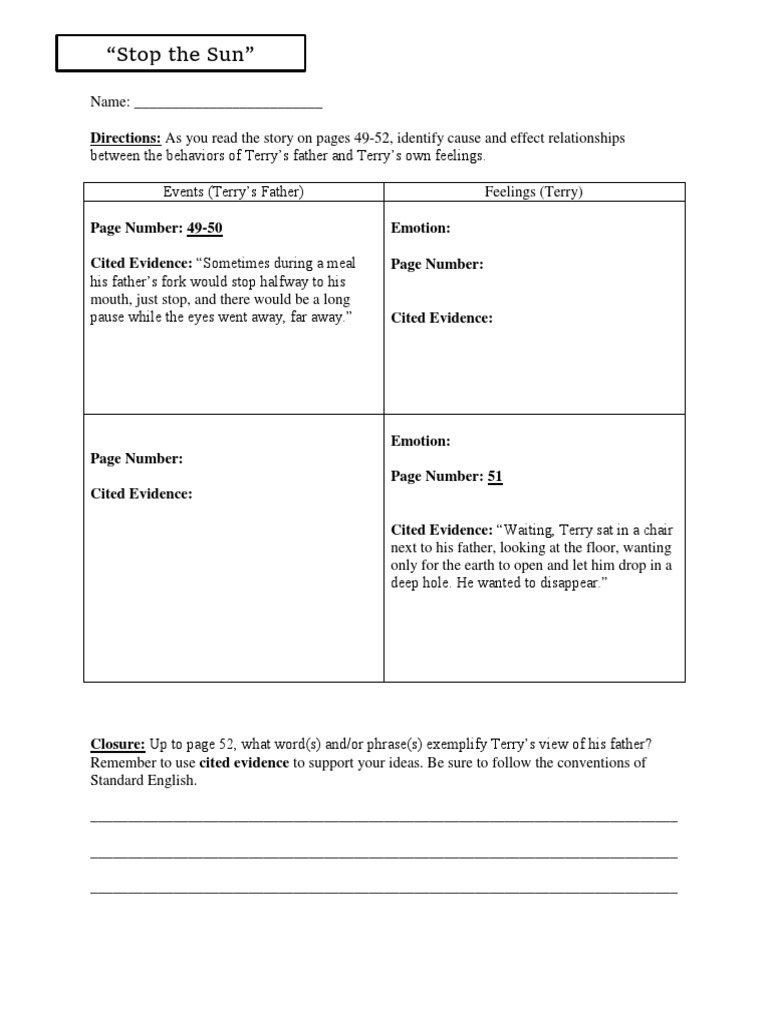 Stop The Sun Worksheets | PDF | Emotions | English Language