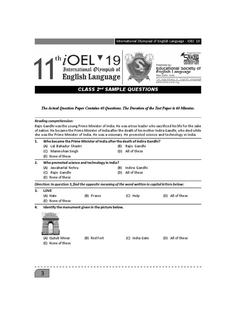Class 2 Sample Questions: The Actual Question Paper Contains 40 ...