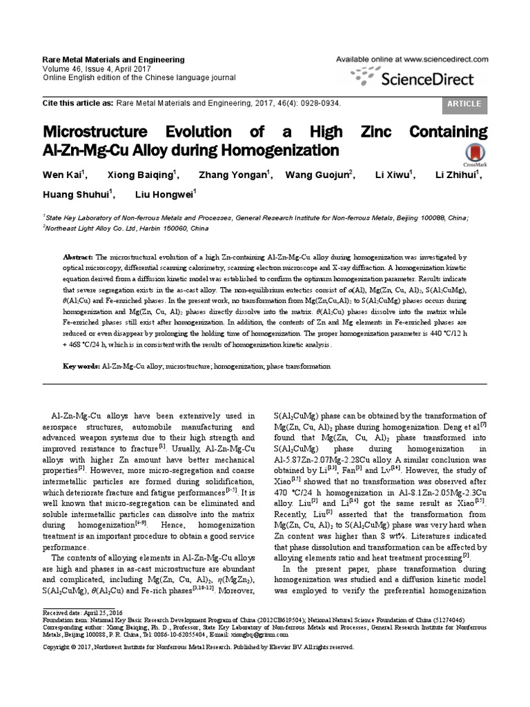 Microstructure Evolution of A High Zinc Containing Al-Zn-Mg-Cu Alloy During Homogenization | PDF ...