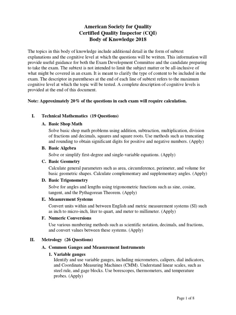 American Society For Quality Certified Quality Inspector (CQI) Body of ...