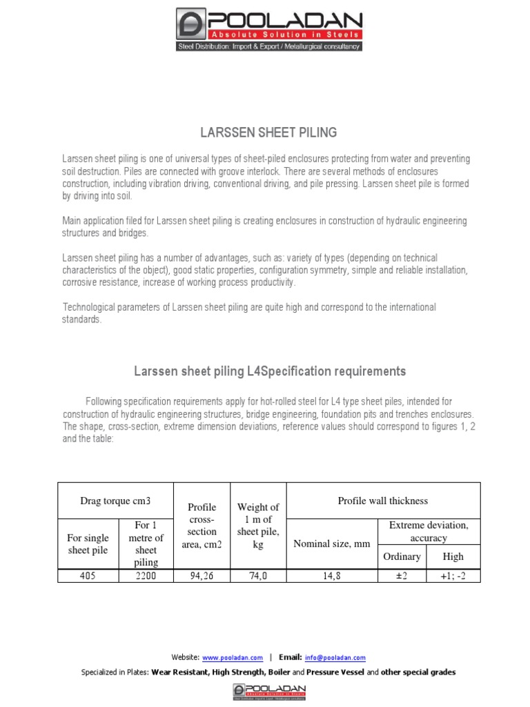 Larssen Sheet Piling L Specification Requirements | PDF | Deep ...