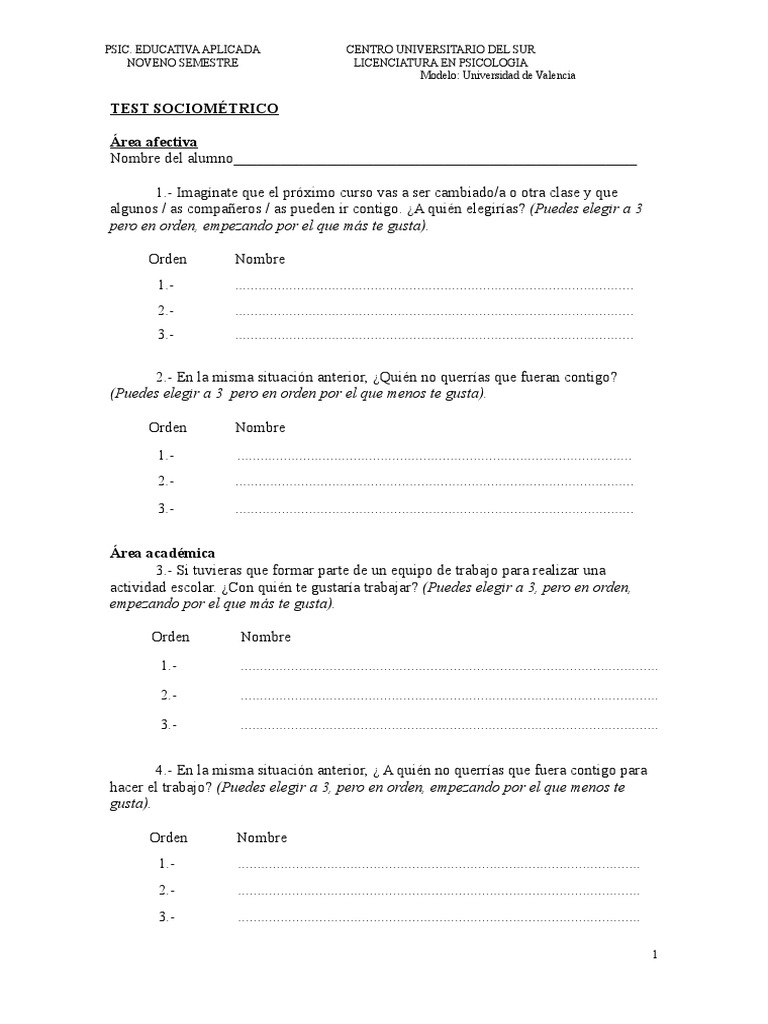 Test Sociometria | PDF | Sicología | Modificación de comportamiento