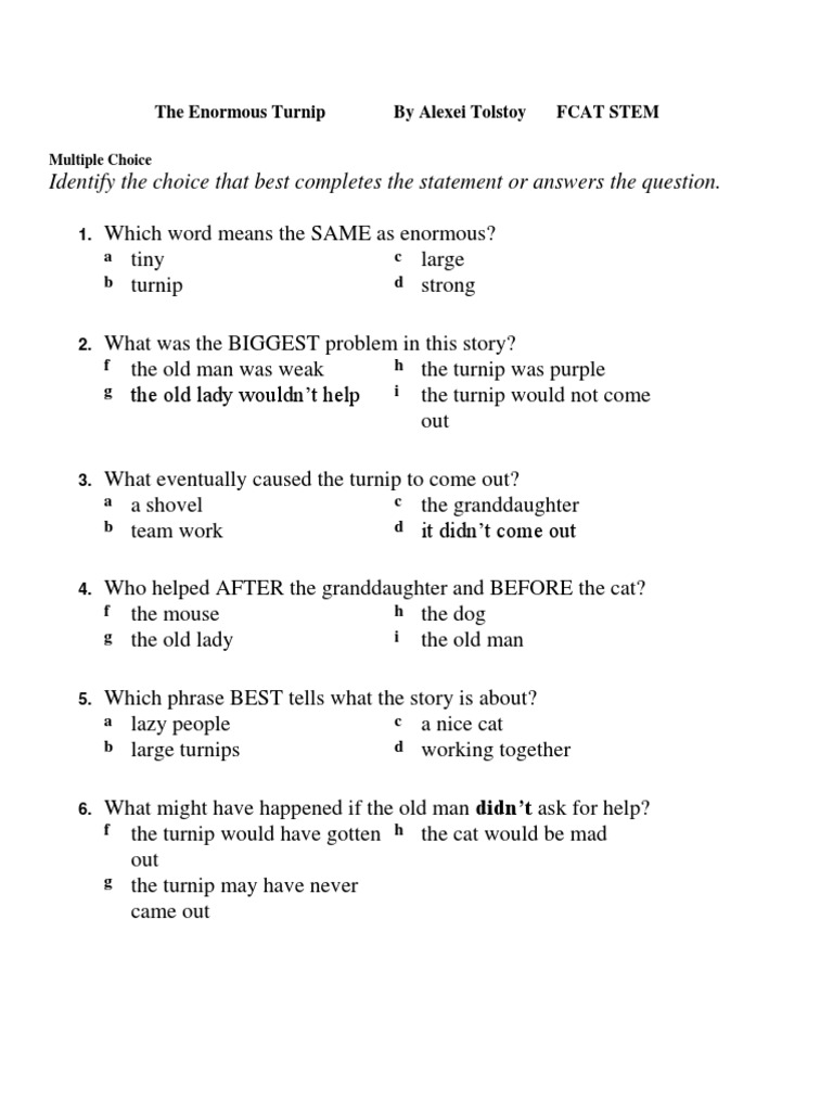 Enormous Turnip Worksheet Answers | PDF
