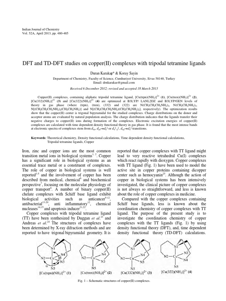 DFT and TD-DFT Studies On Copper (II) Complexes With Tripodal Tetramine ...