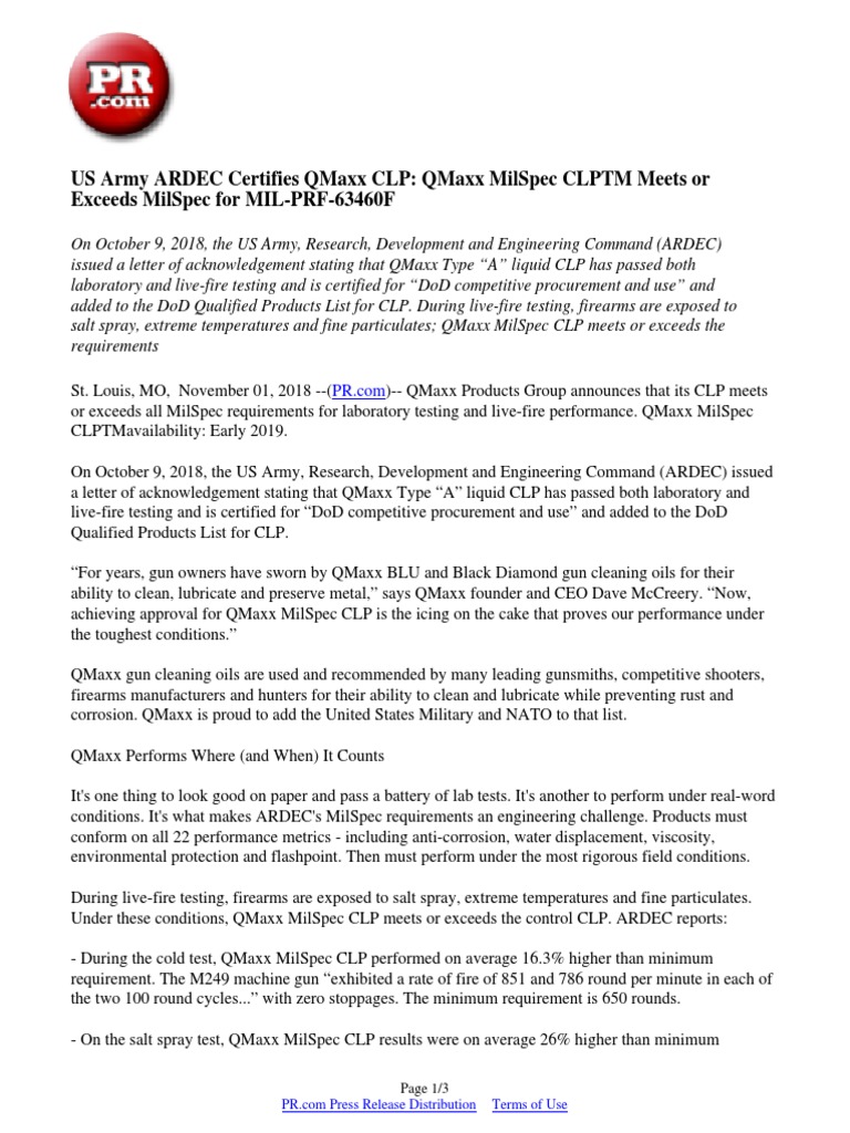 US Army ARDEC Certifies QMaxx CLP: QMaxx MilSpec CLPTM Meets or Exceeds ...