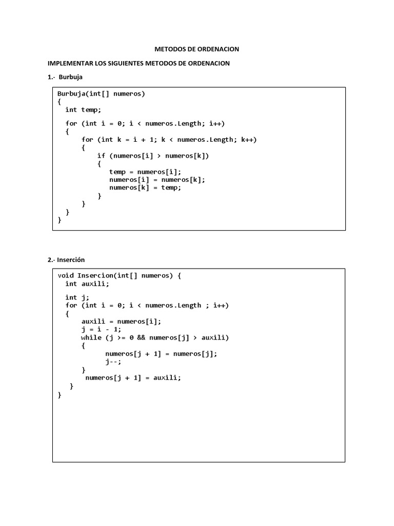 Metodos de Ordenacion | PDF | Algoritmos y Estructuras de Datos ...