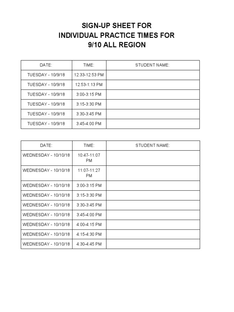Practice Times Sign Up Sheet | PDF