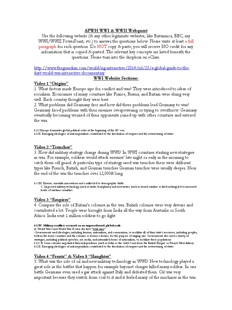 Apwh Wwi & Wwii Webquest | PDF | World War | Cold War